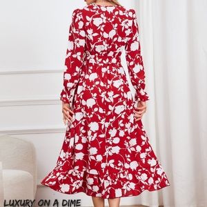 Dresses | Belted Contrasting Floral Surplice Vneck Long Sleeve Ruffle ...